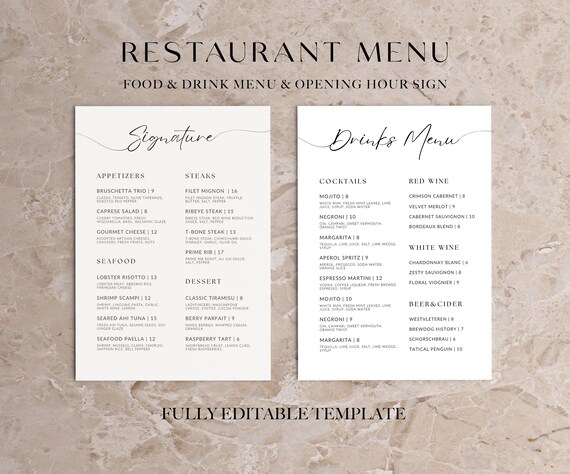Minimal Restaurant Menu Bundle Restaurant Menu Template Modern Menu Editable Menu Template Price List Restaurant Opening Hours Sign Etsy