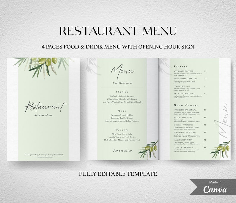 Greenery Restaurant Menu Template Bundle, Minimal Green Menu Editable ...