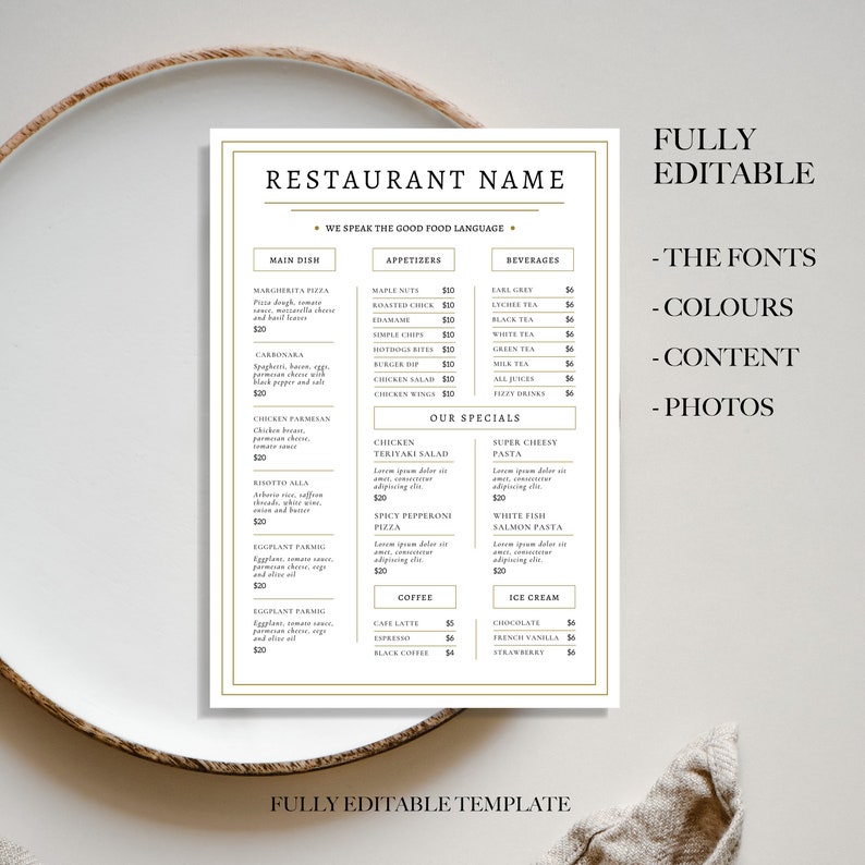 Minimal Restaurant Menu Template Editable Menu Template Menu Template ...