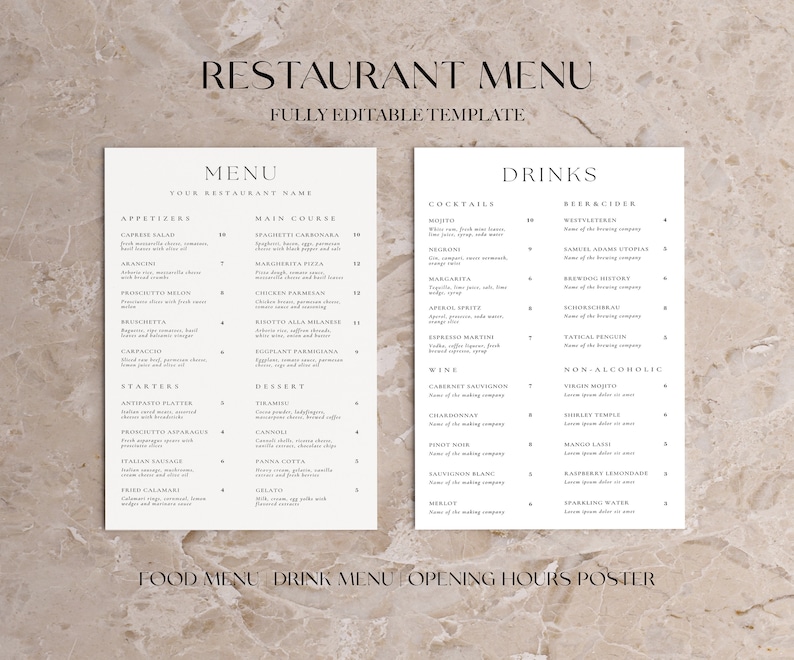 Minimal Restaurant Menu Bundle | Restaurant Menu Template | Editable ...
