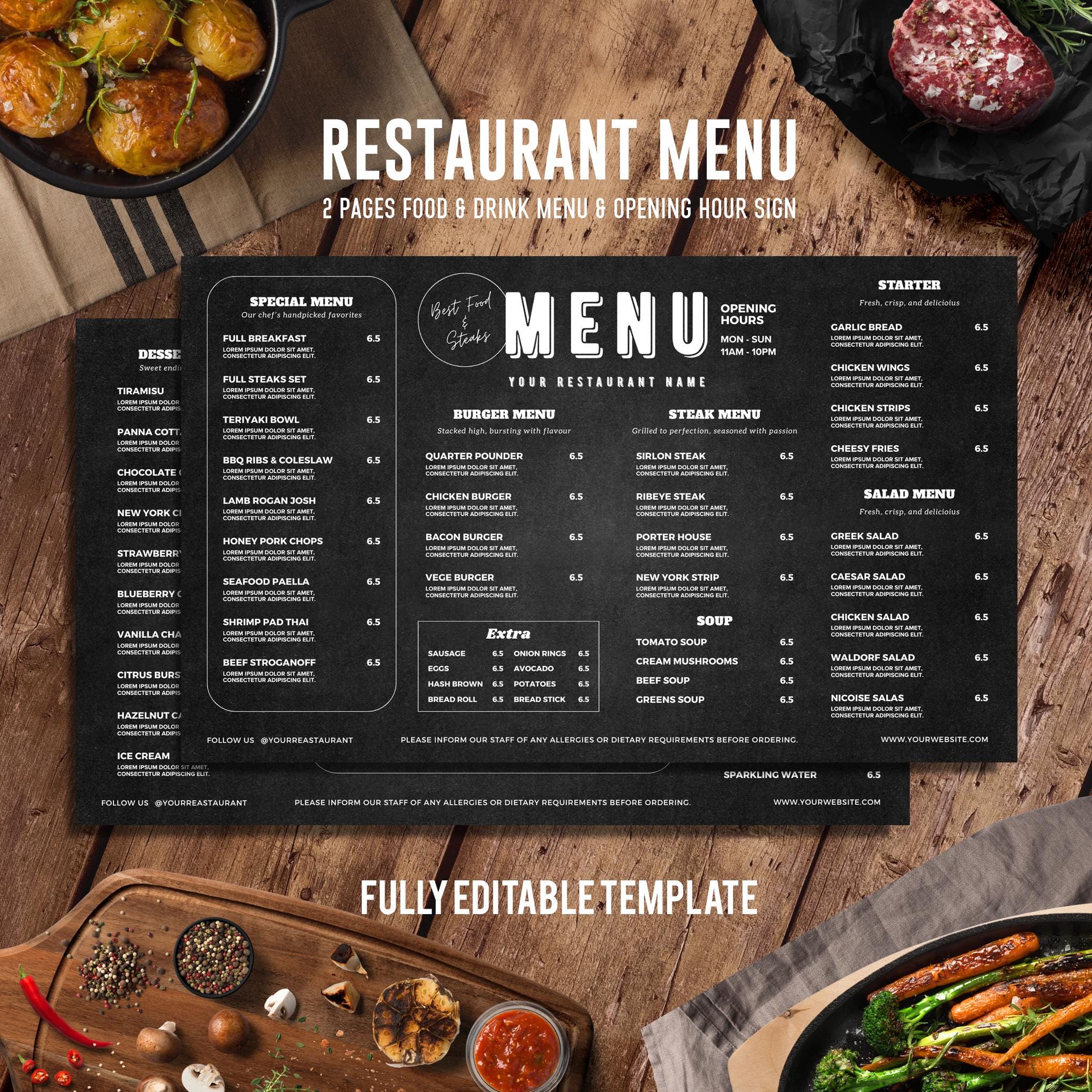 Modern Restaurant Menu Template, Landscape Menu Template, Editable Menu ...