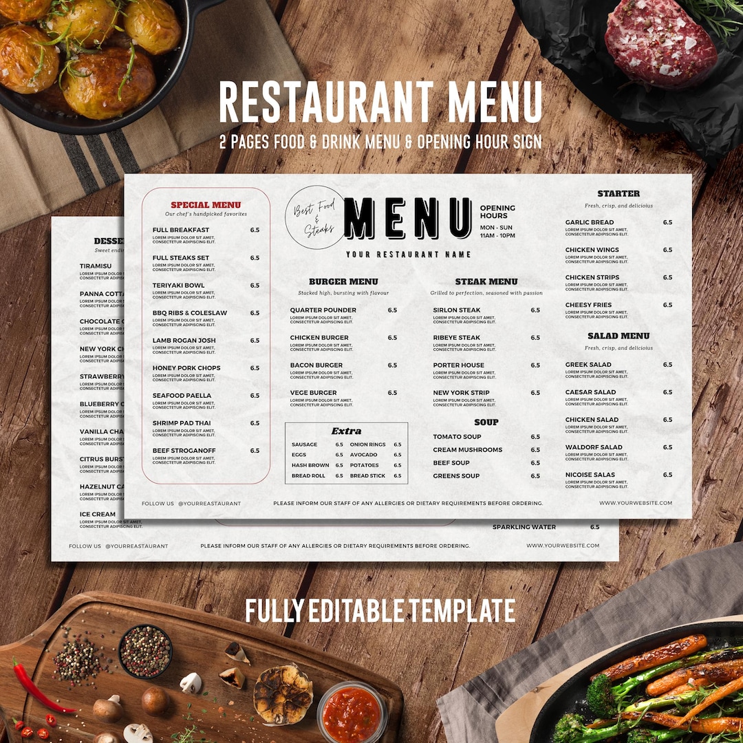 Modern Restaurant Menu Template, Landscape Menu Template, Editable Menu ...