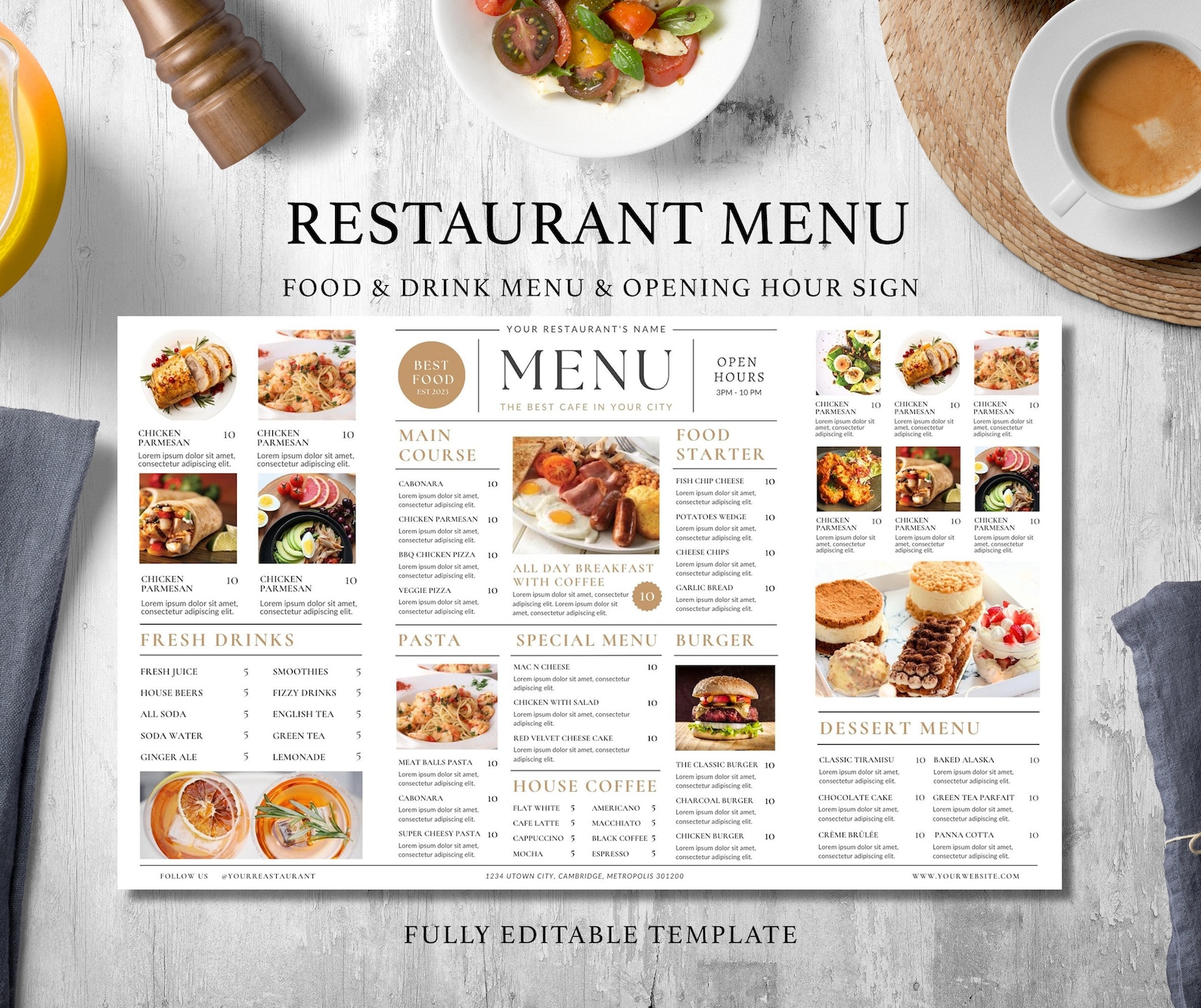Modern Restaurant Menu Template, Landscape Menu Template, Editable Menu ...