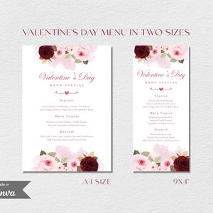 Valentine's Day Menu Template, Modern Valentine Menu Card, Printable ...