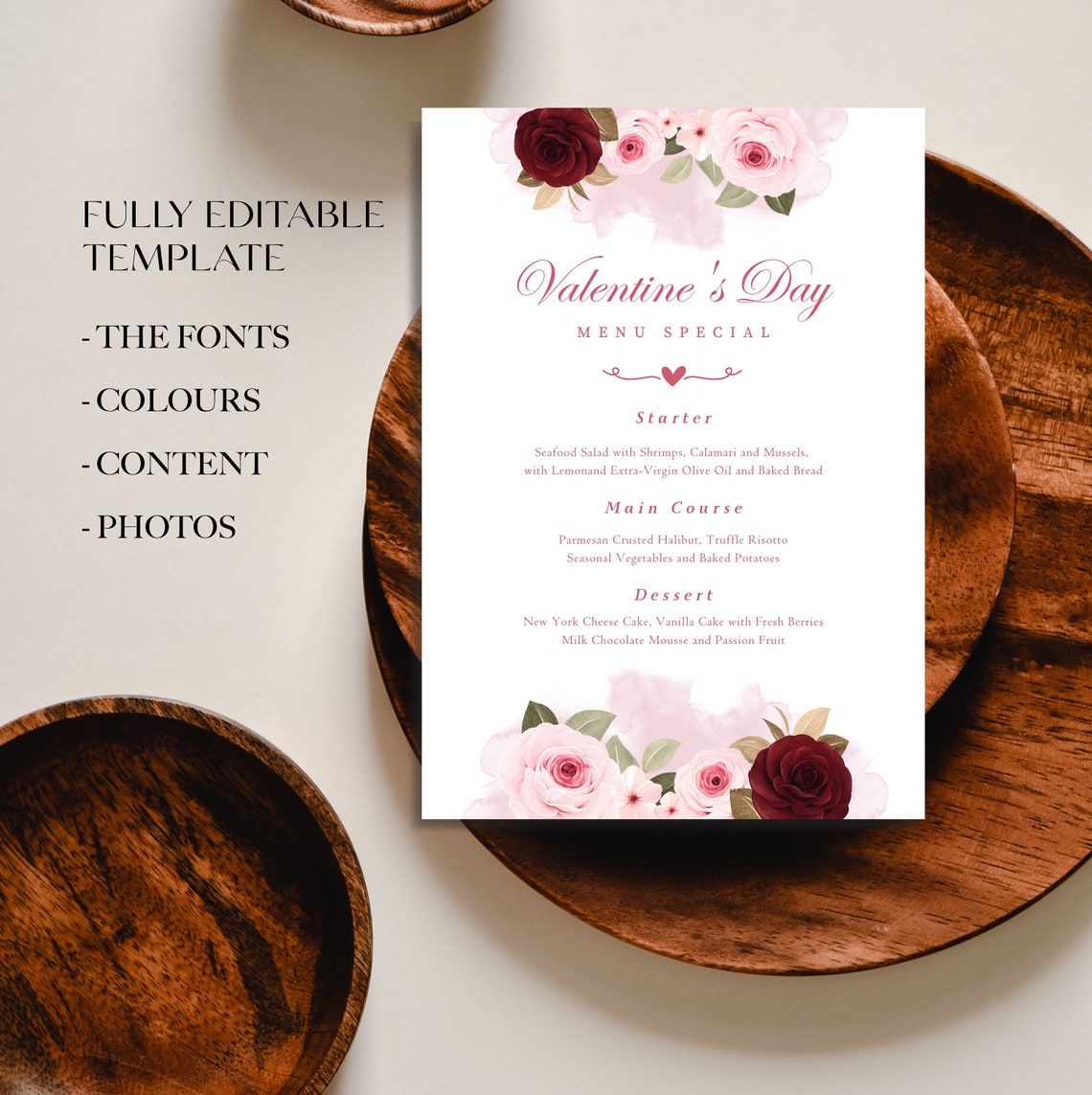 Valentine's Day Menu Template, Modern Valentine Menu Card, Printable ...