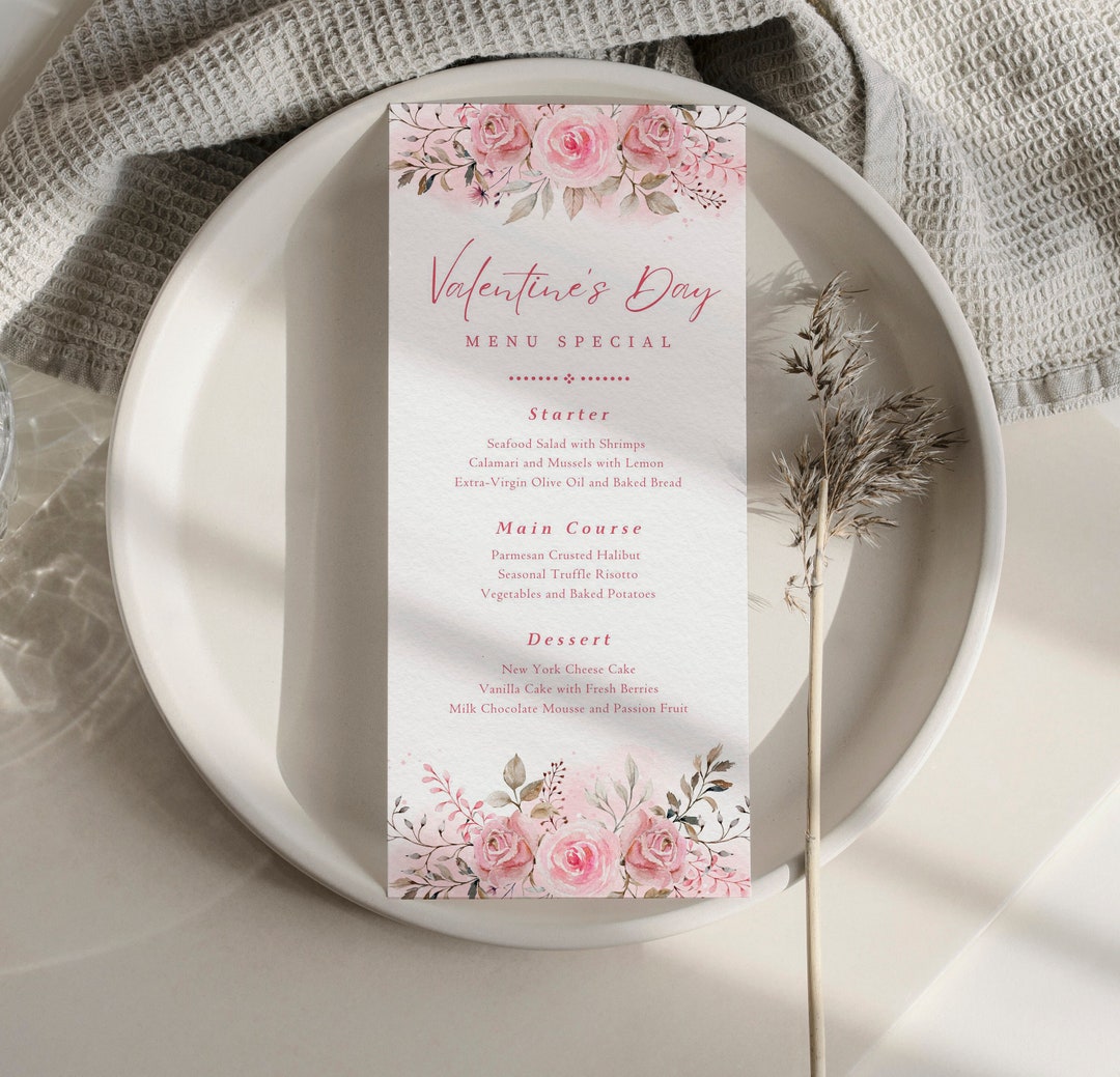 Valentine's Day Menu Template, Modern Valentine Menu Card, Printable ...
