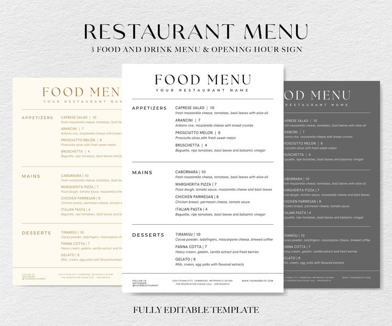 Restaurant Menu Template Bundle, Minimalist Restaurant Menu, Editable ...