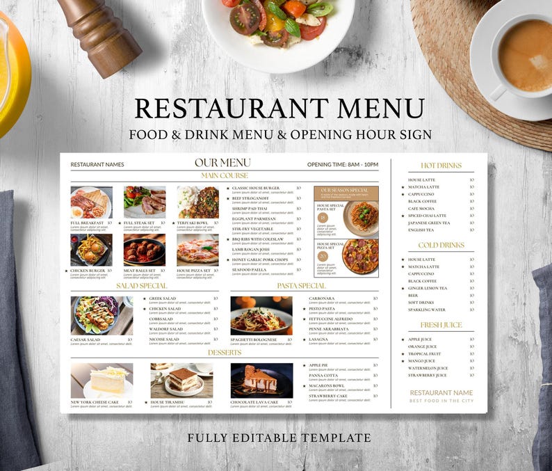 Modern Restaurant Menu Template, Landscape Menu Template, Editable Menu ...