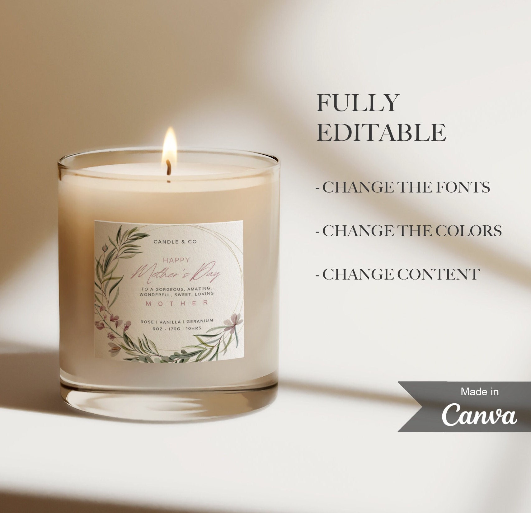 Mothers Day Candle Label Template, Editable Mother's Day Gift, Minimal ...