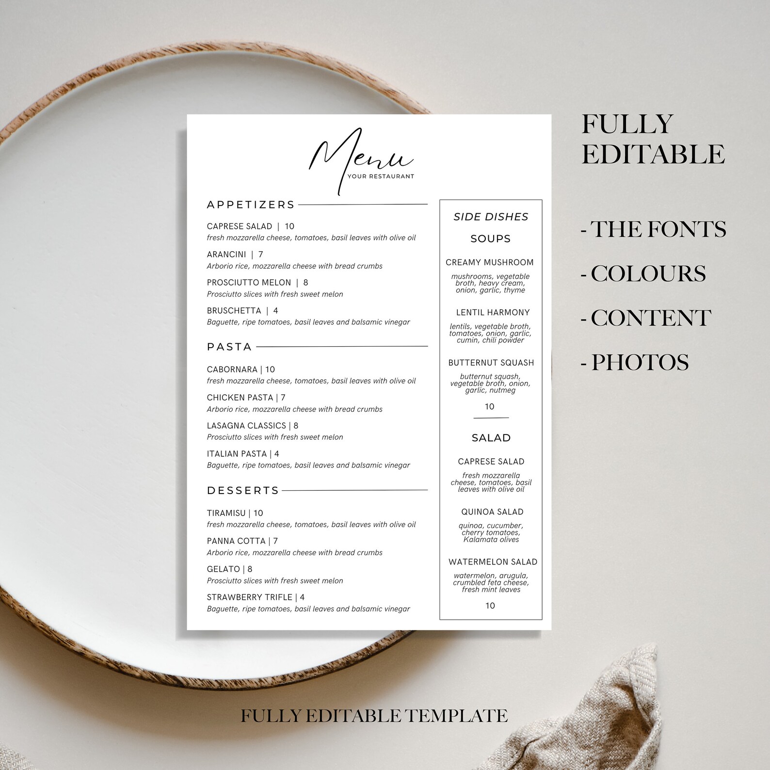Minimal Restaurant Menu Template Bundle, Editable Menu Template ...