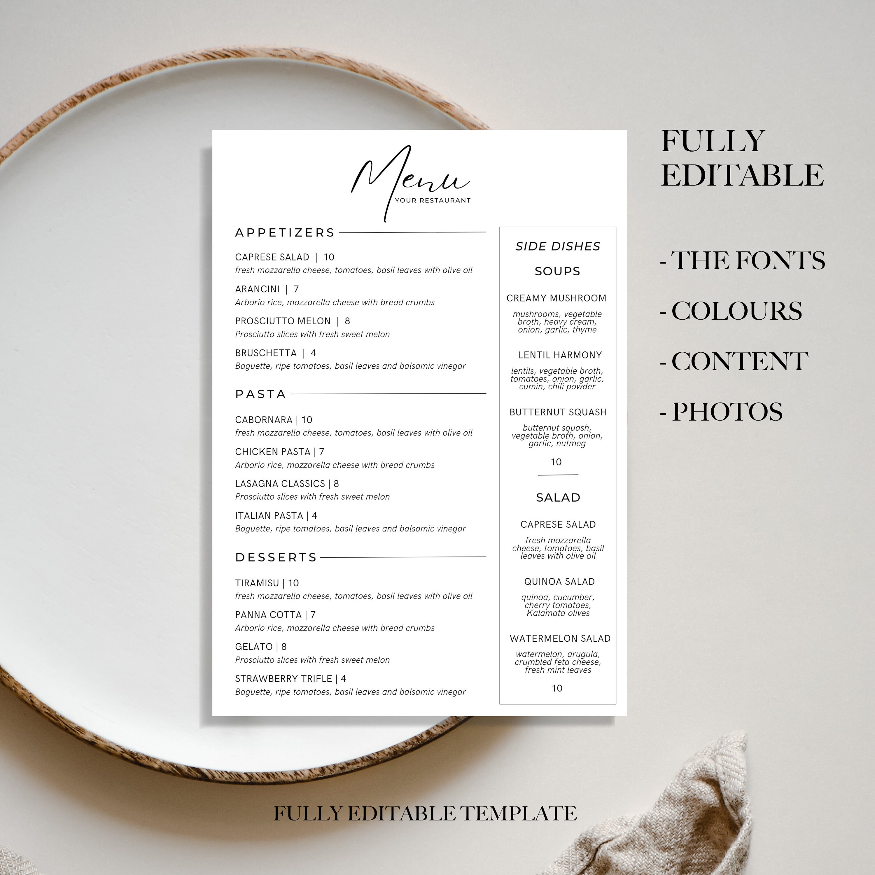 Minimal Restaurant Menu Template Bundle, Editable Menu Template ...