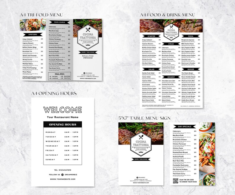Trifold Restaurant Menu Template Bundle, Modern Editable Price List ...
