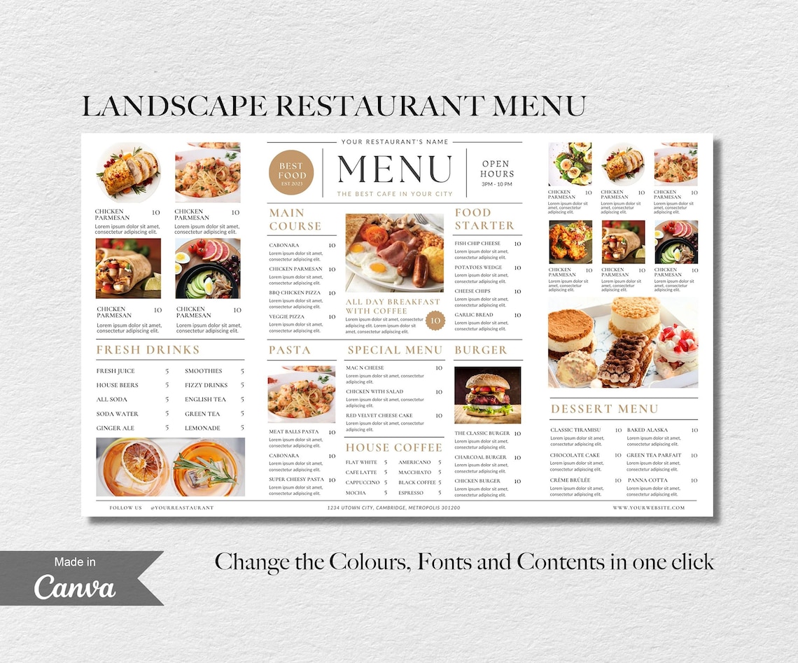 Modern Restaurant Menu Template, Landscape Menu Template, Editable Menu ...