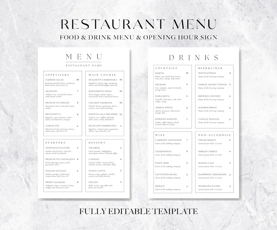 Minimal Restaurant Menu Bundle | Restaurant Menu Template | Editable ...