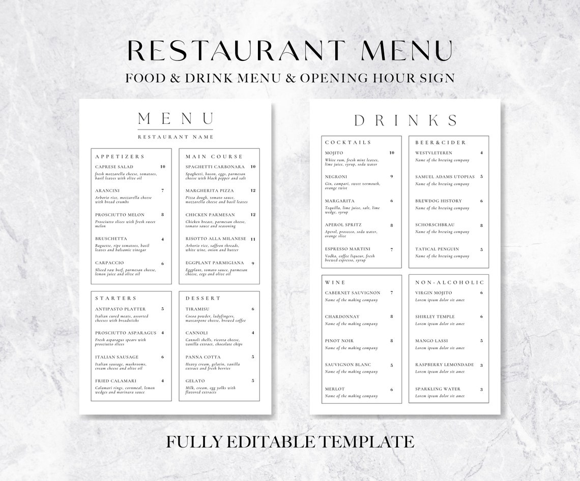 Minimal Restaurant Menu Bundle | Restaurant Menu Template | Editable ...