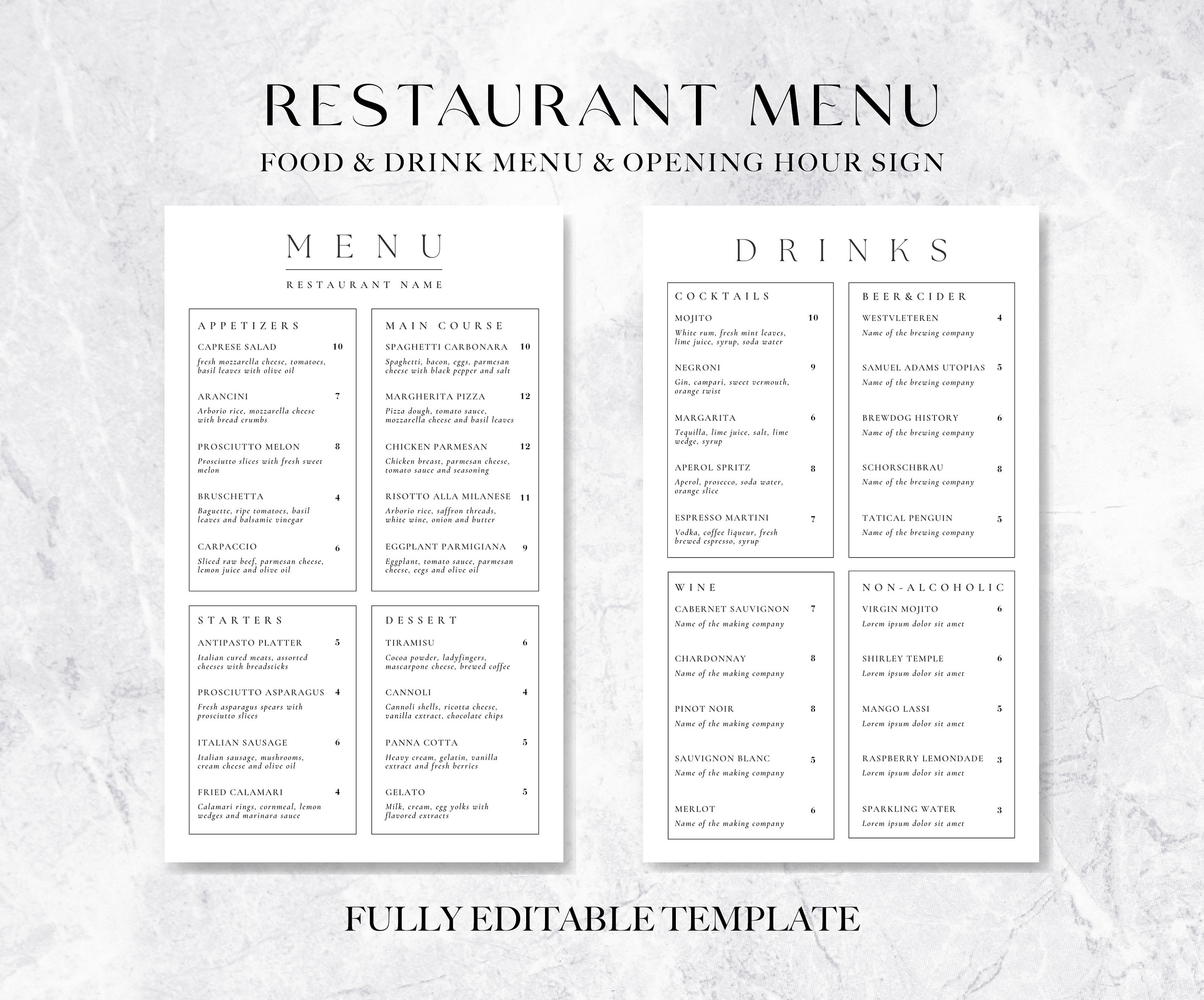 Minimal Restaurant Menu Bundle | Restaurant Menu Template | Editable ...