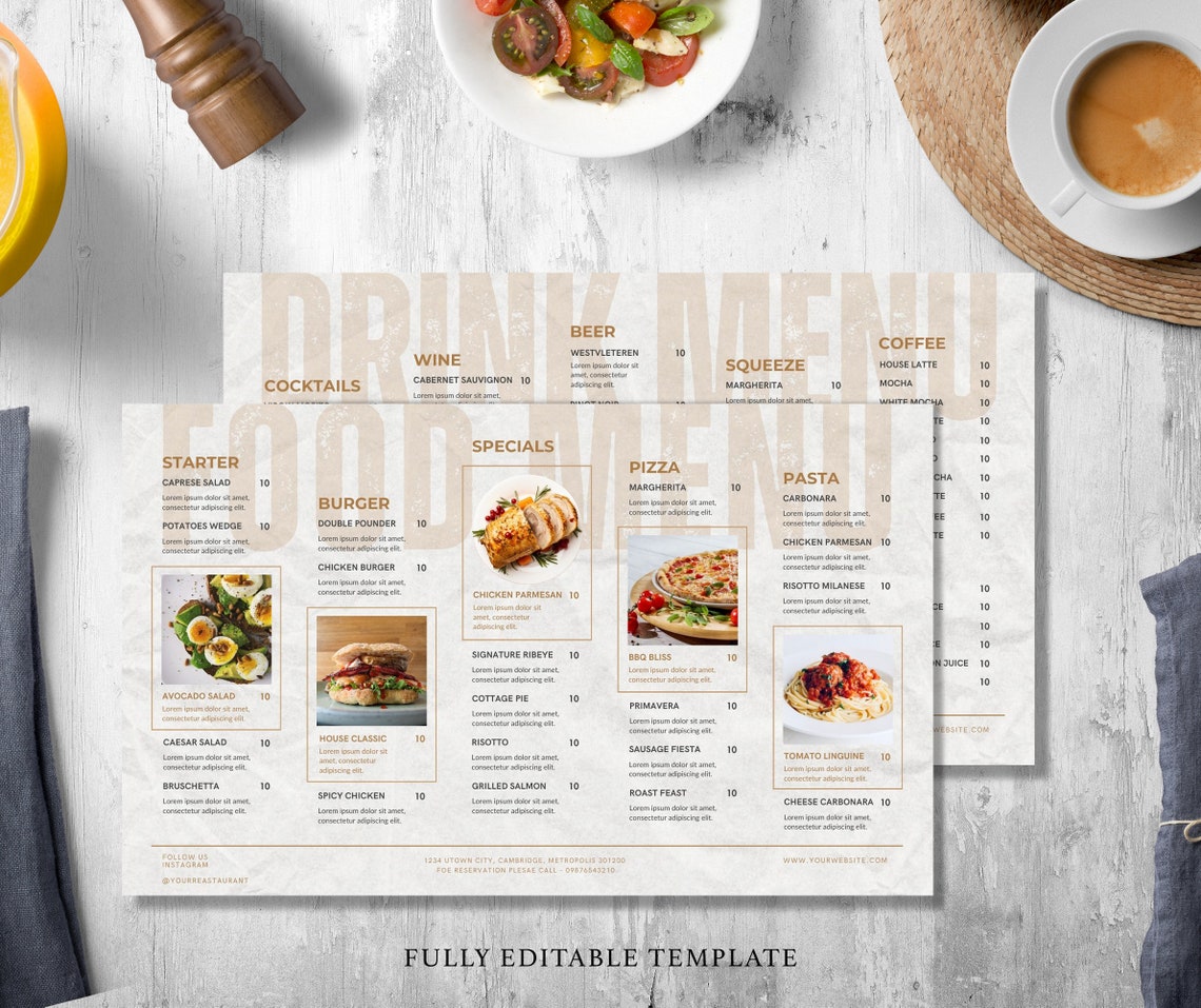 Modern Restaurant Menu Template, Landscape Menu Template, Editable Menu ...
