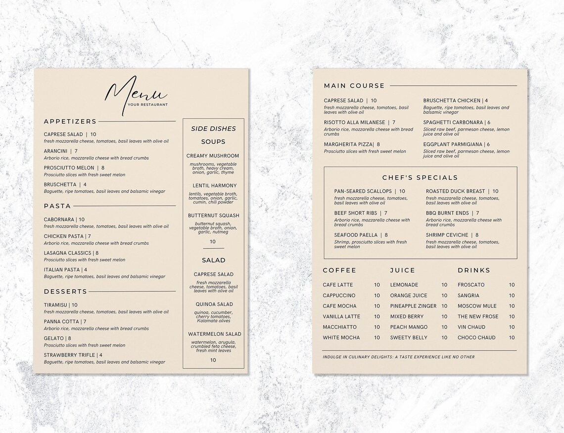 Minimal Restaurant Menu Template Bundle, Editable Menu Template ...