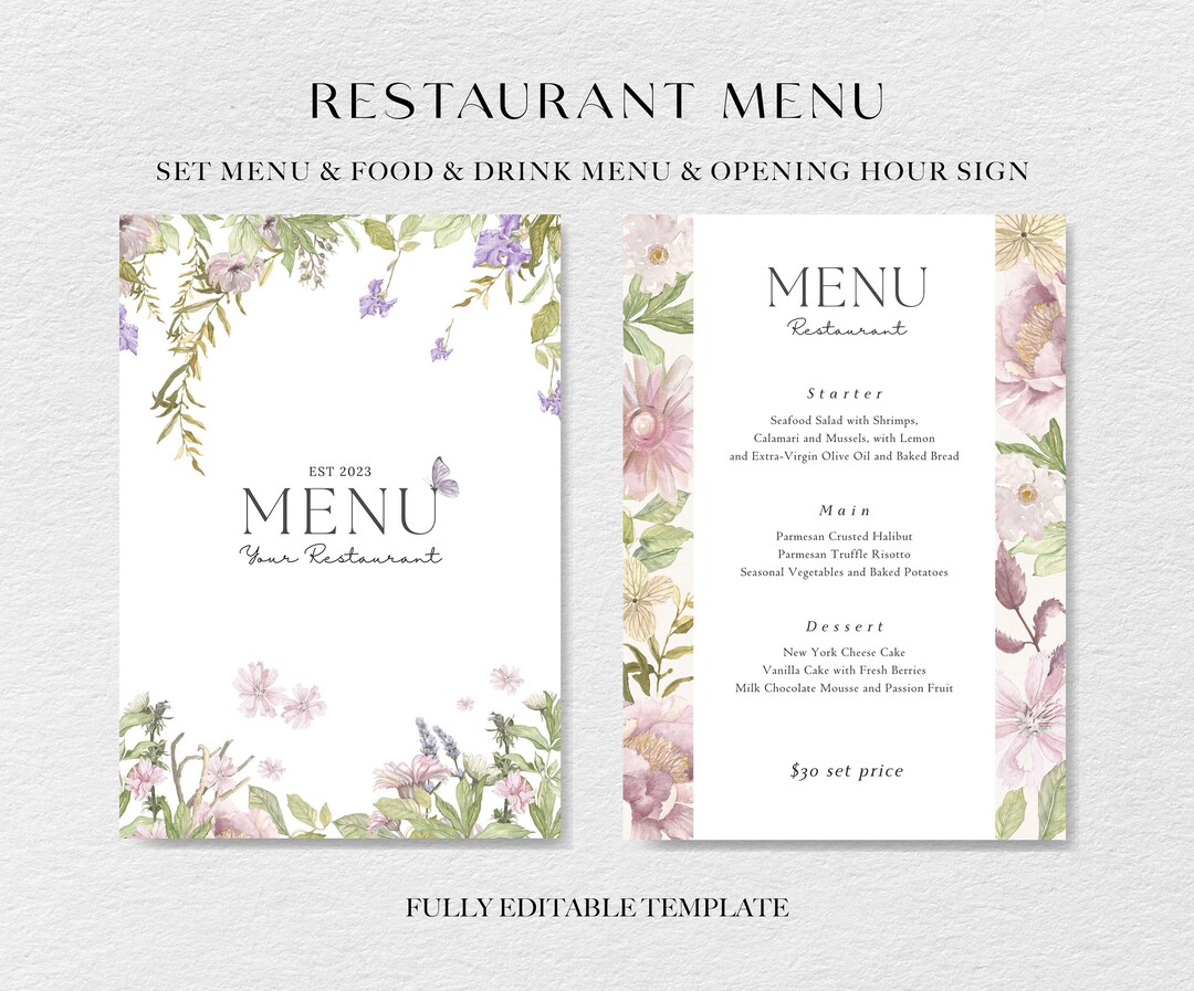 Floral Restaurant Menu Template Bundle, Minimal Menu Editable Template ...