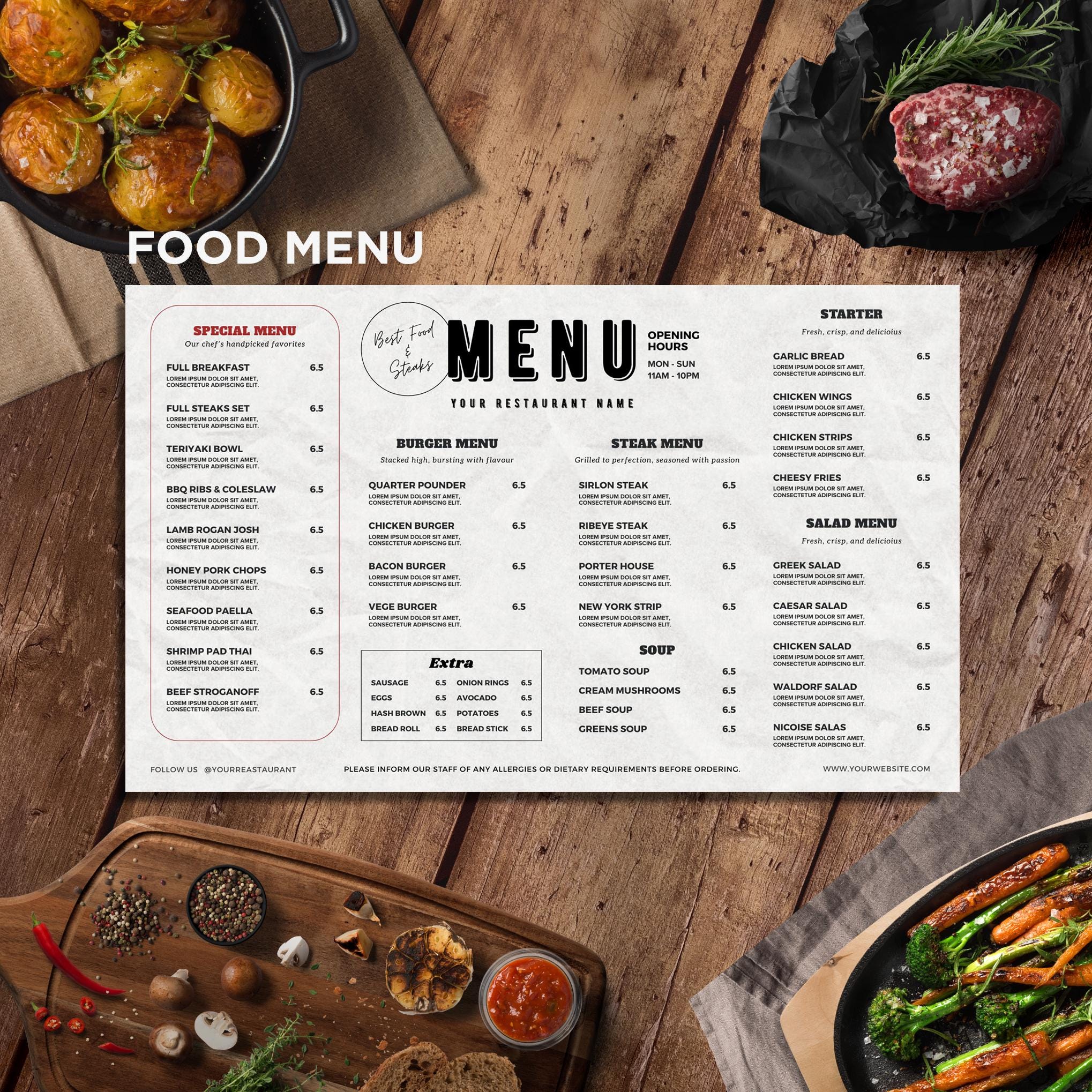 Modern Restaurant Menu Template, Landscape Menu Template, Editable Menu ...