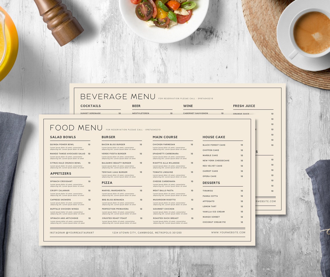 Modern Restaurant Menu Template, Landscape Menu Template, Editable Menu ...