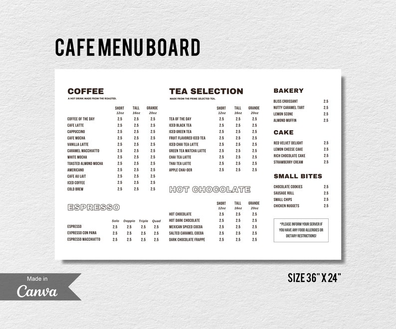 Minimal Cafe Menu Board Template Bundle, Editable Cafe Menu Template ...