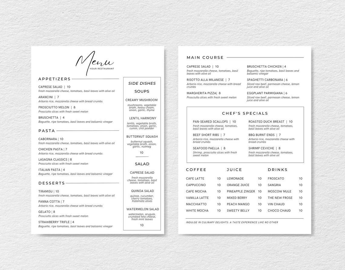 Minimal Restaurant Menu Template Bundle, Editable Menu Template ...