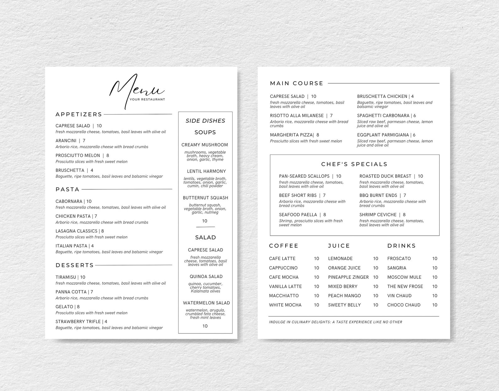 Minimal Restaurant Menu Template Bundle, Editable Menu Template ...