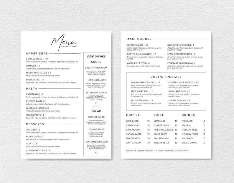 Minimal Restaurant Menu Template Bundle, Editable Menu Template ...