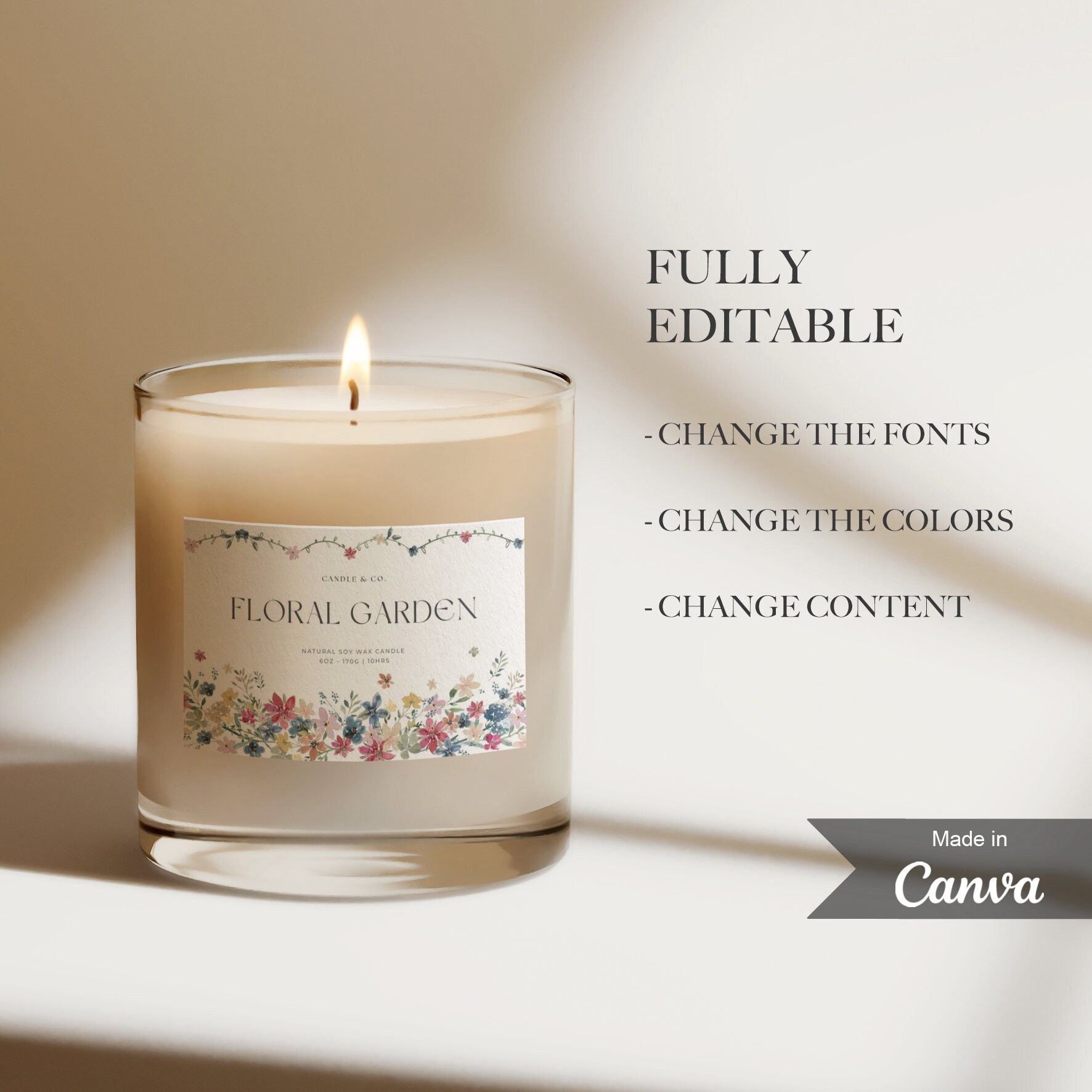 Floral Candle Label Template, Editable Candle Label, Custom Product ...