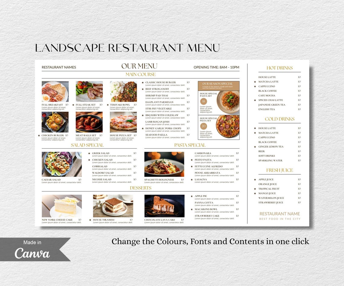 Modern Restaurant Menu Template, Landscape Menu Template, Editable Menu ...