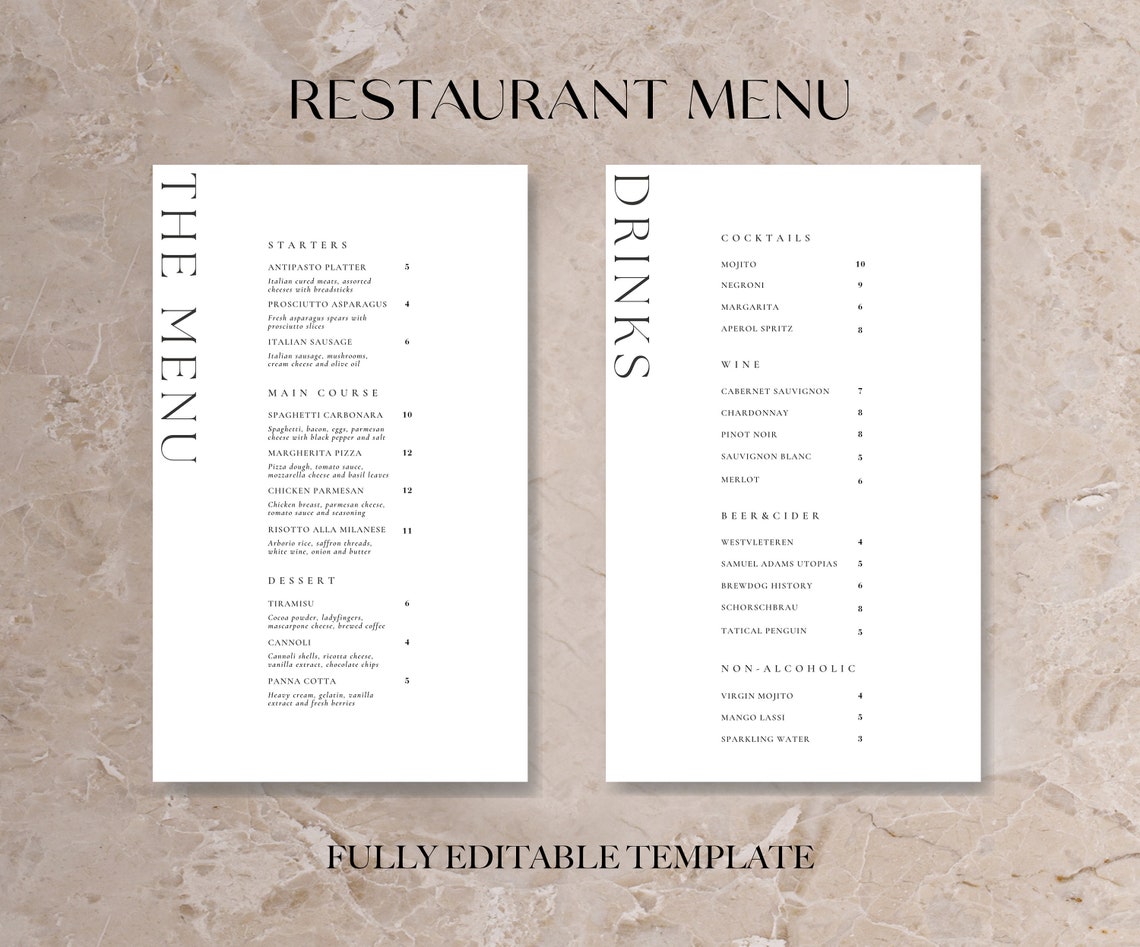 Minimal Restaurant Menu Bundle | Restaurant Menu Template | Editable ...