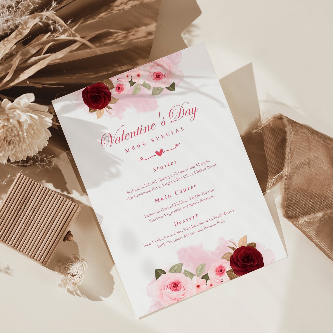 Valentine's Day Menu Template, Modern Valentine Menu Card, Printable ...