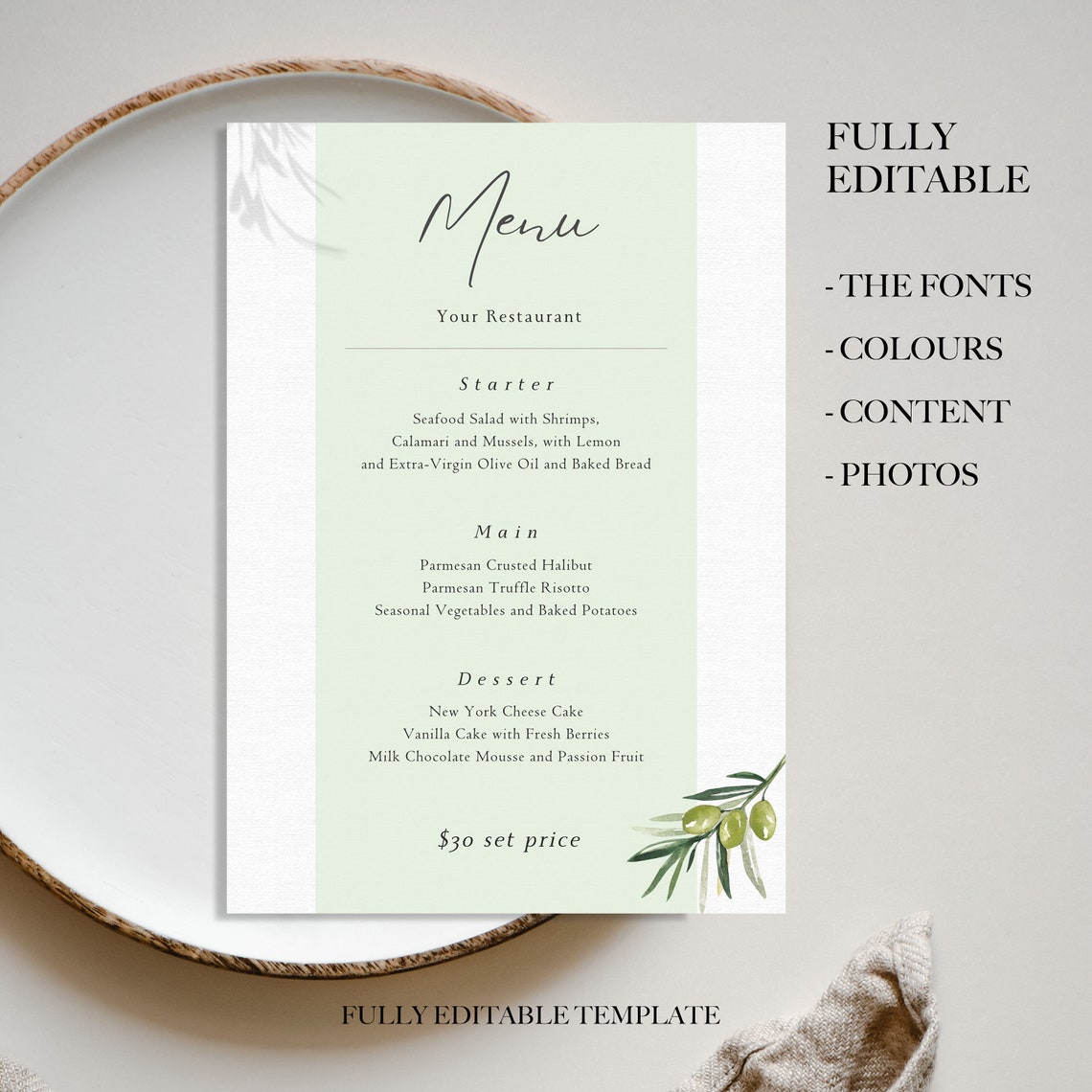Greenery Restaurant Menu Template Bundle, Minimal Green Menu Editable ...
