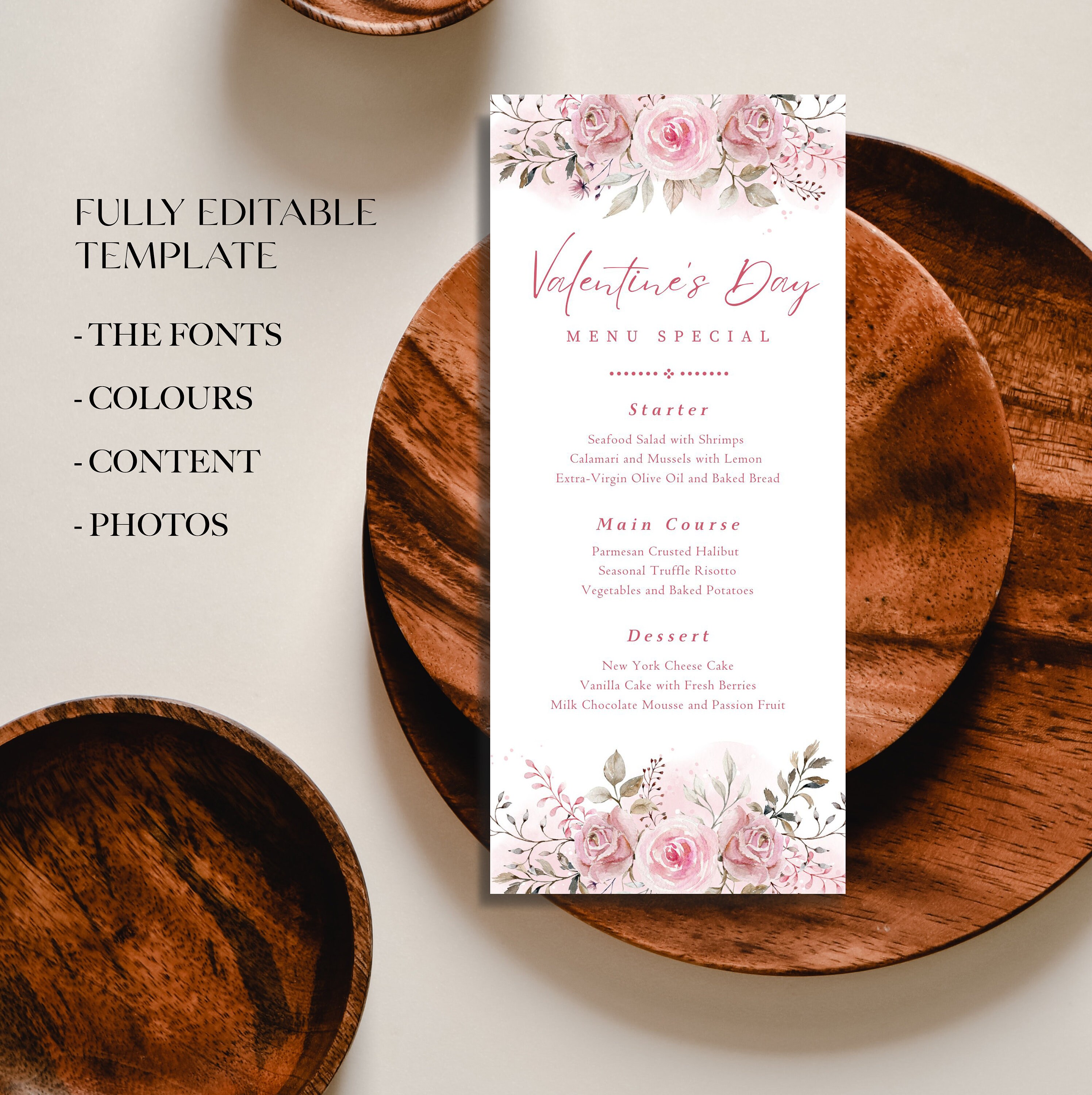 Valentine's Day Menu Template, Modern Valentine Menu Card, Printable ...