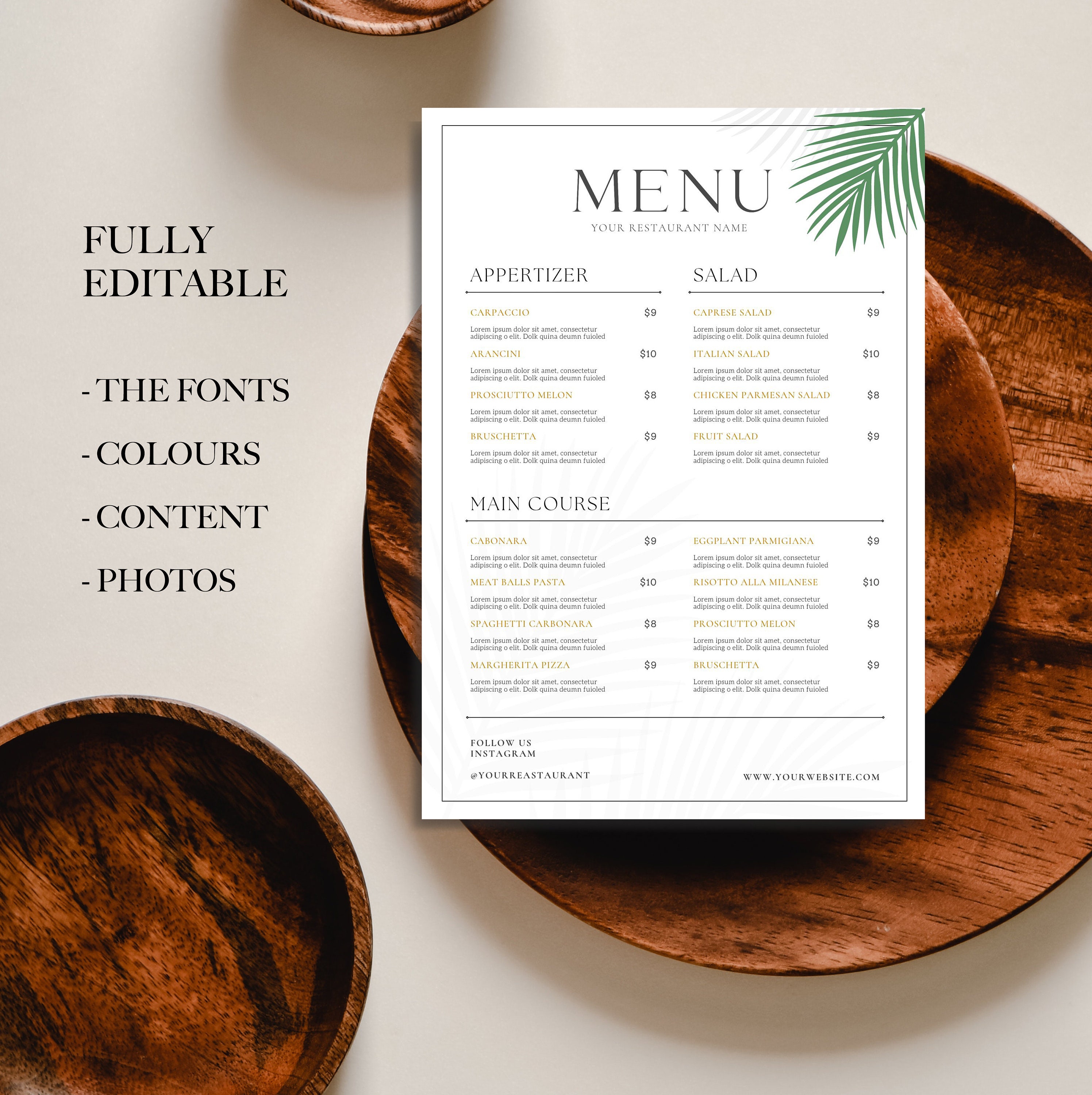 Minimal Restaurant Menu Template, Greenery Menu Editable Template ...