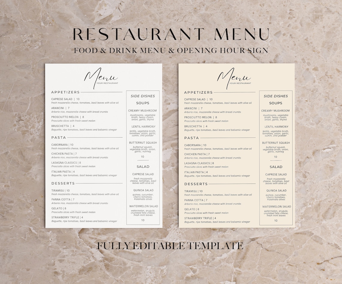 Minimal Restaurant Menu Template Bundle, Editable Menu Template ...