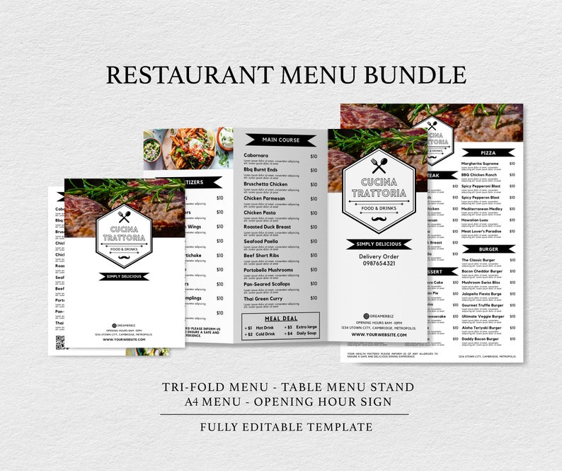 Trifold Restaurant Menu Template Bundle, Modern Editable Price List ...