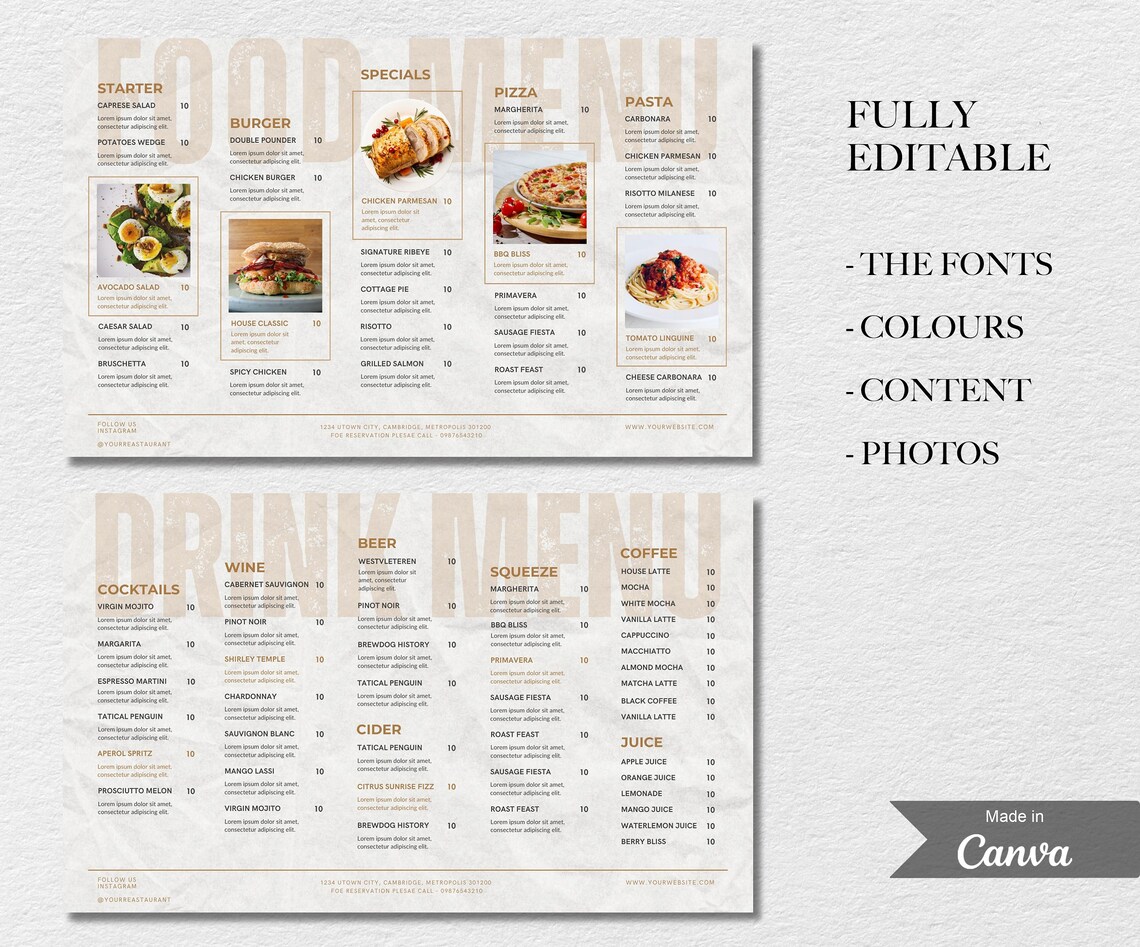 Modern Restaurant Menu Template, Landscape Menu Template, Editable Menu ...