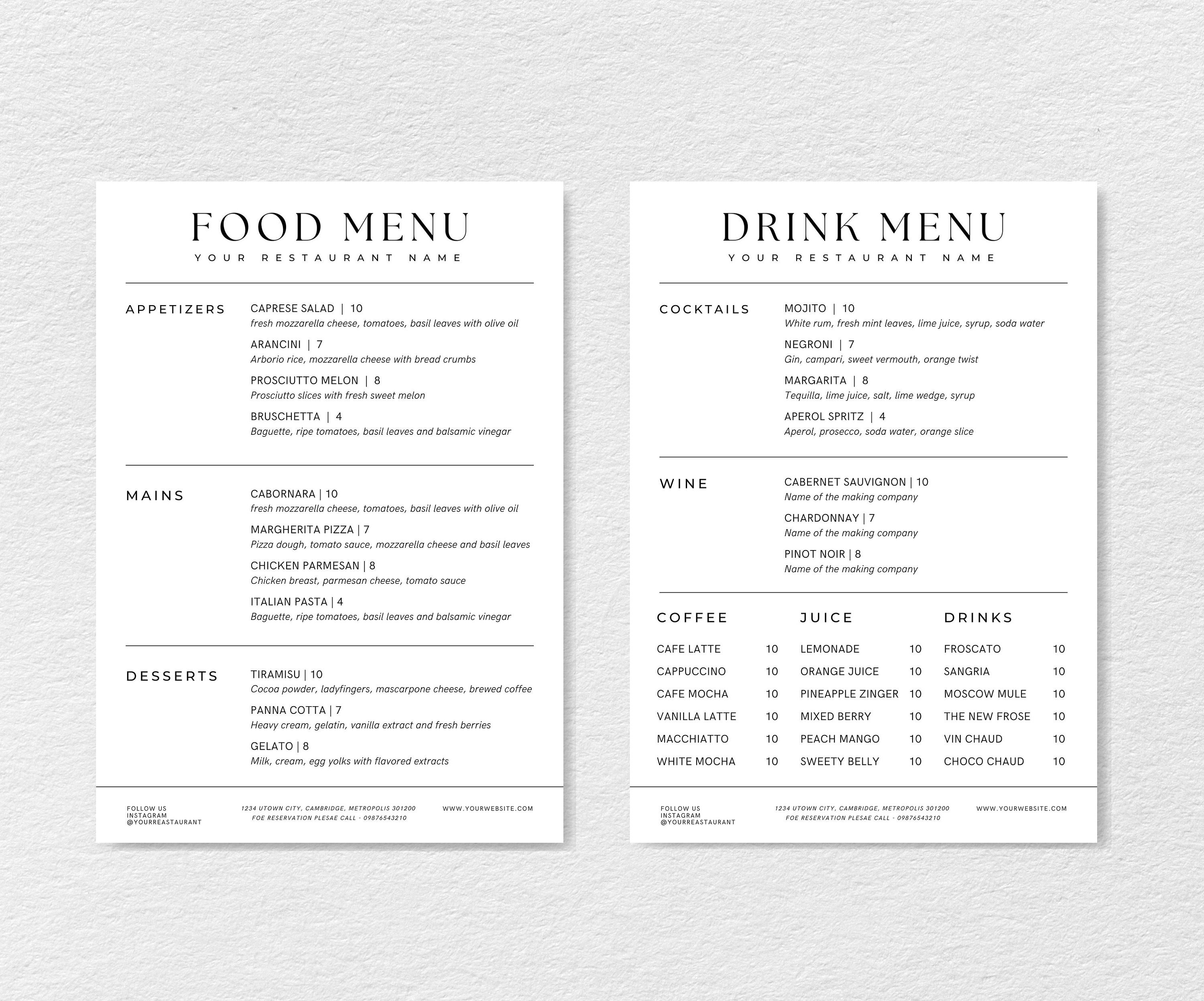 Restaurant Menu Template Bundle, Minimalist Restaurant Menu, Editable ...