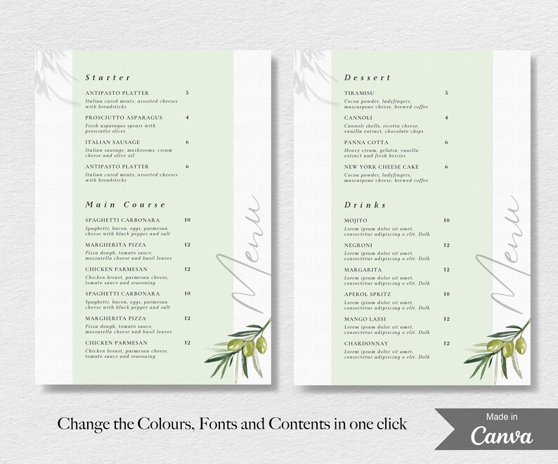 Greenery Restaurant Menu Template Bundle, Minimal Green Menu Editable ...