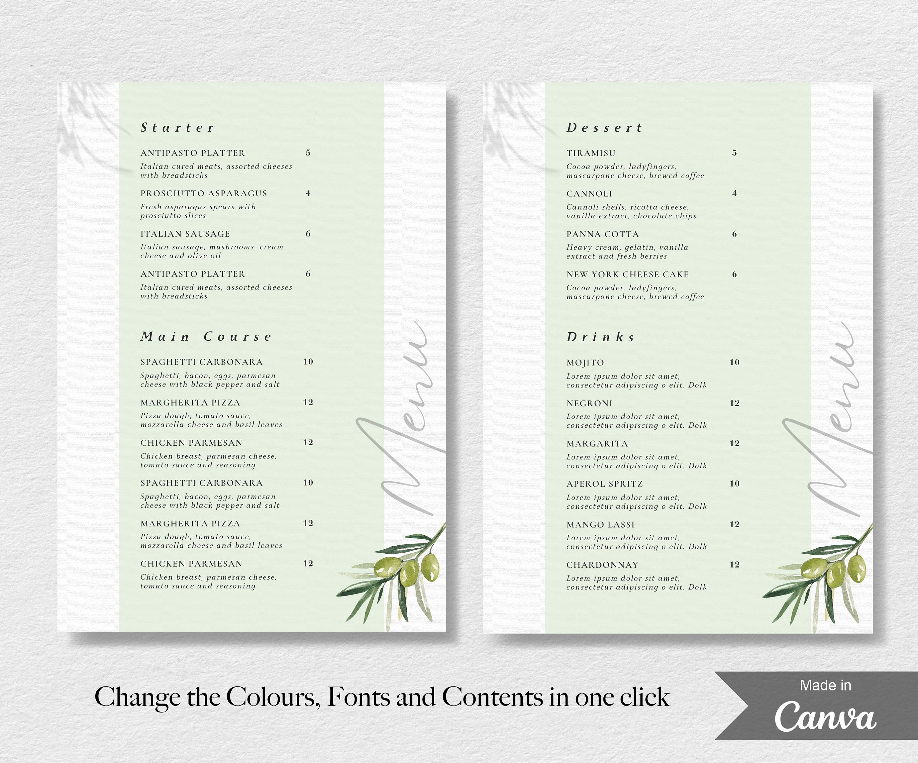Greenery Restaurant Menu Template Bundle, Minimal Green Menu Editable ...
