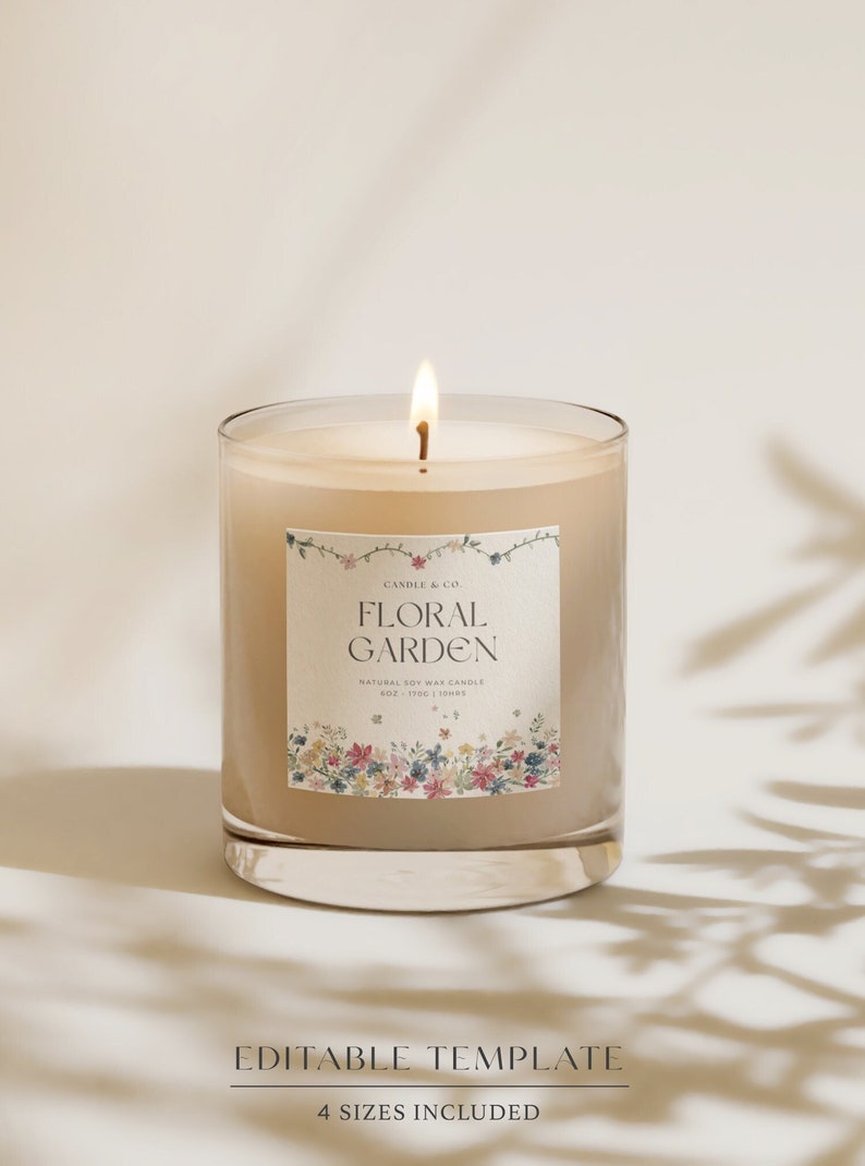 Floral Candle Label Template, Editable Candle Label, Custom Product ...