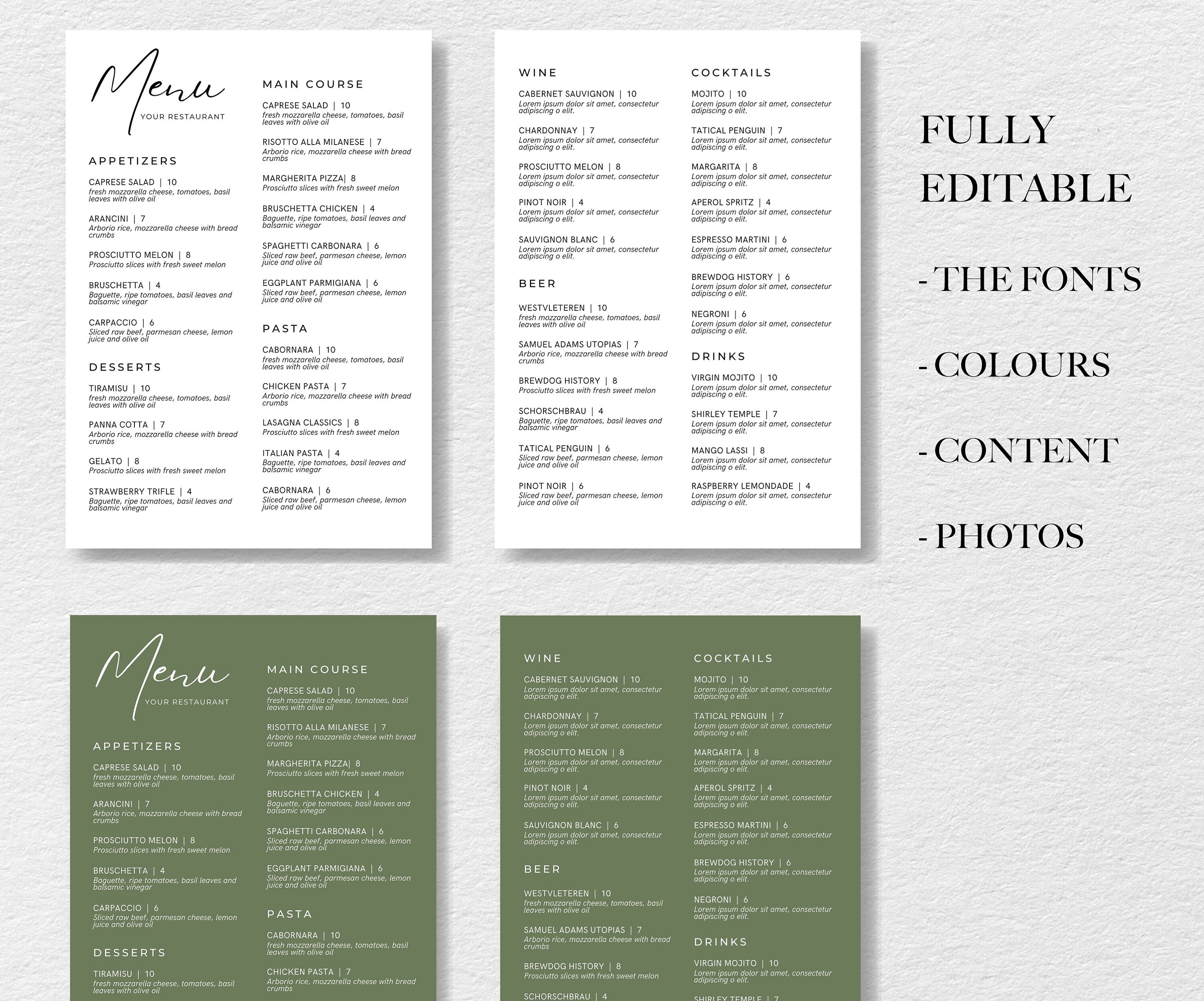 Minimal Restaurant Menu Bundle, Restaurant Menu Template, Modern Menu ...