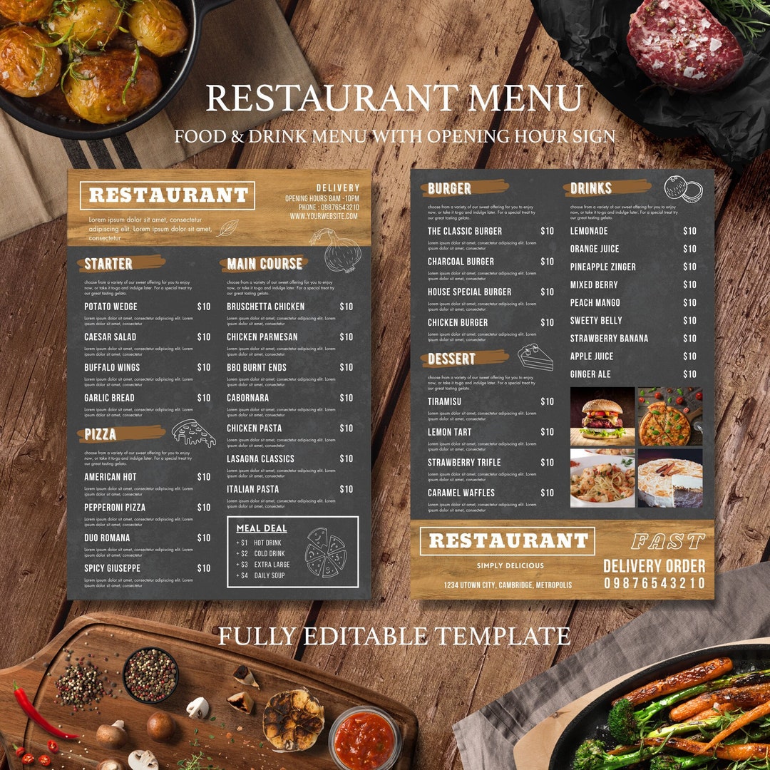 Restaurant Menu Editable Template, Take Out Menu Template, Take Away ...