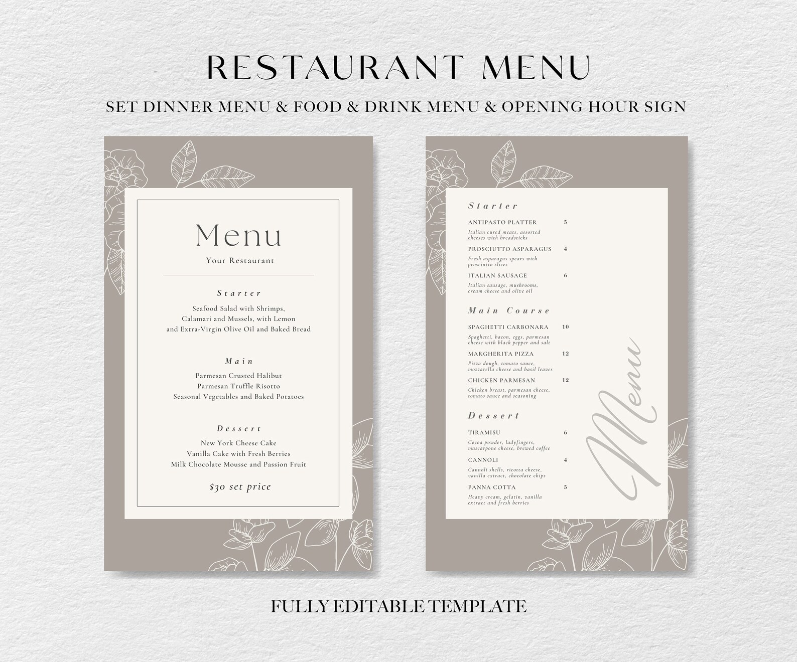 Elegant Restaurant Menu Template Bundle, Minimalist Menu Editable ...