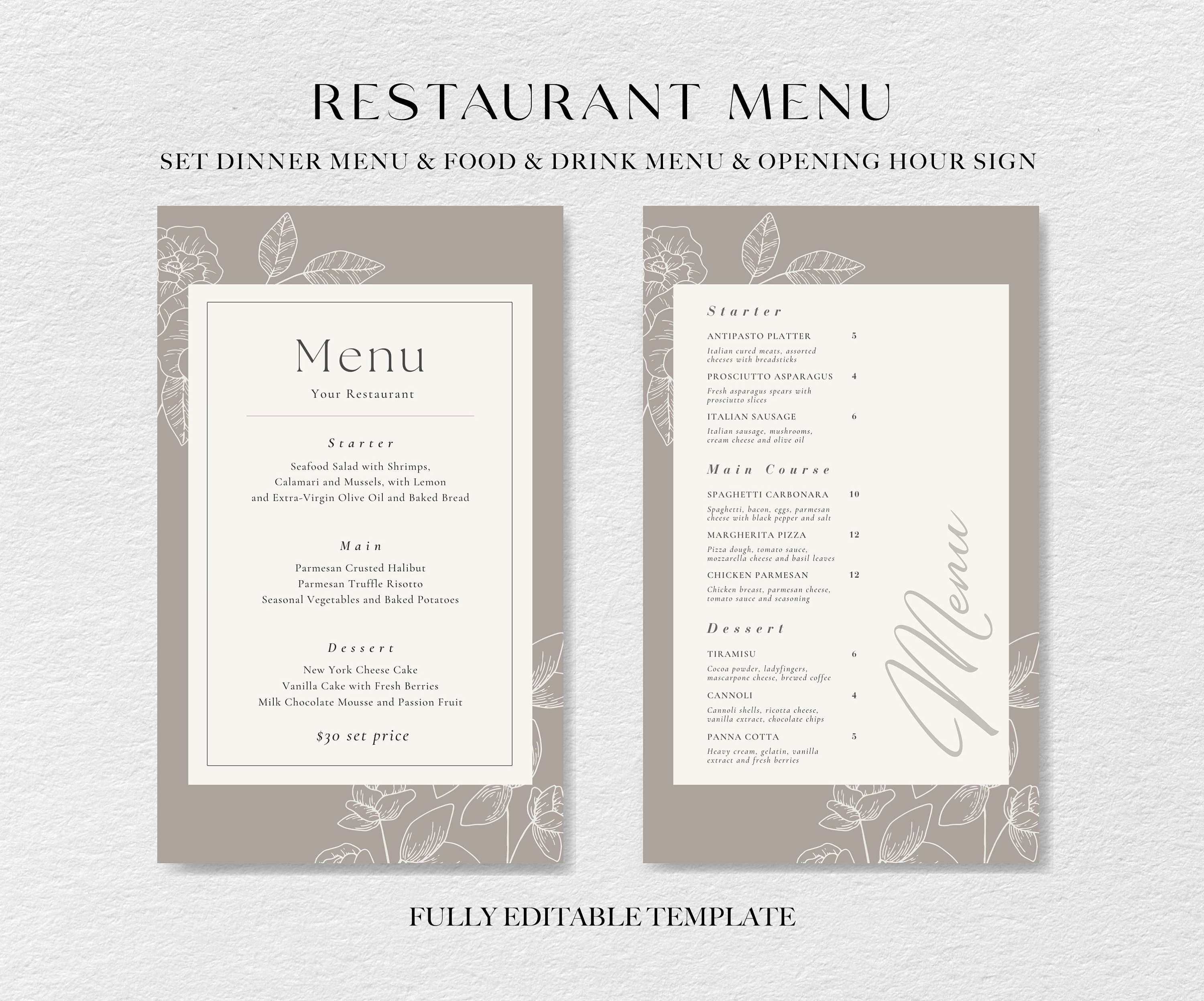 Elegant Restaurant Menu Template Bundle, Minimalist Menu Editable ...