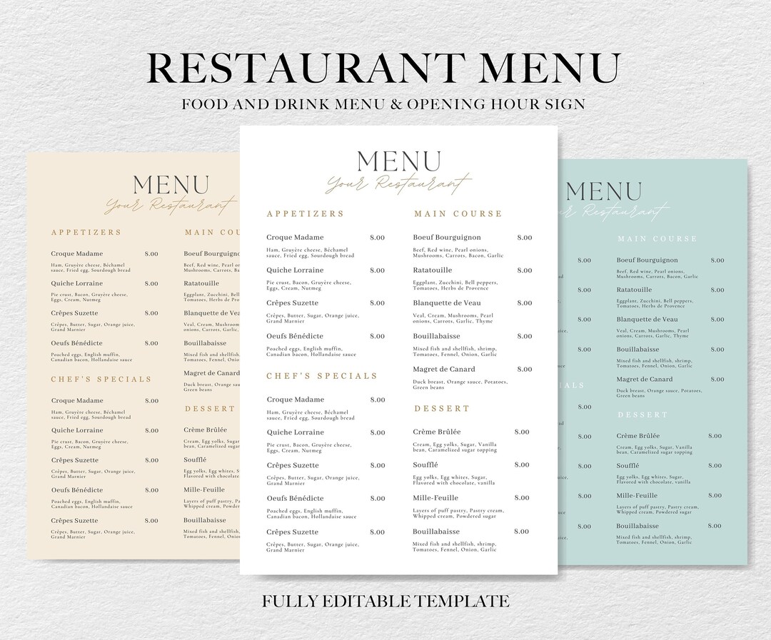 Minimal Restaurant Menu Bundle Restaurant Menu Template Editable Menu ...