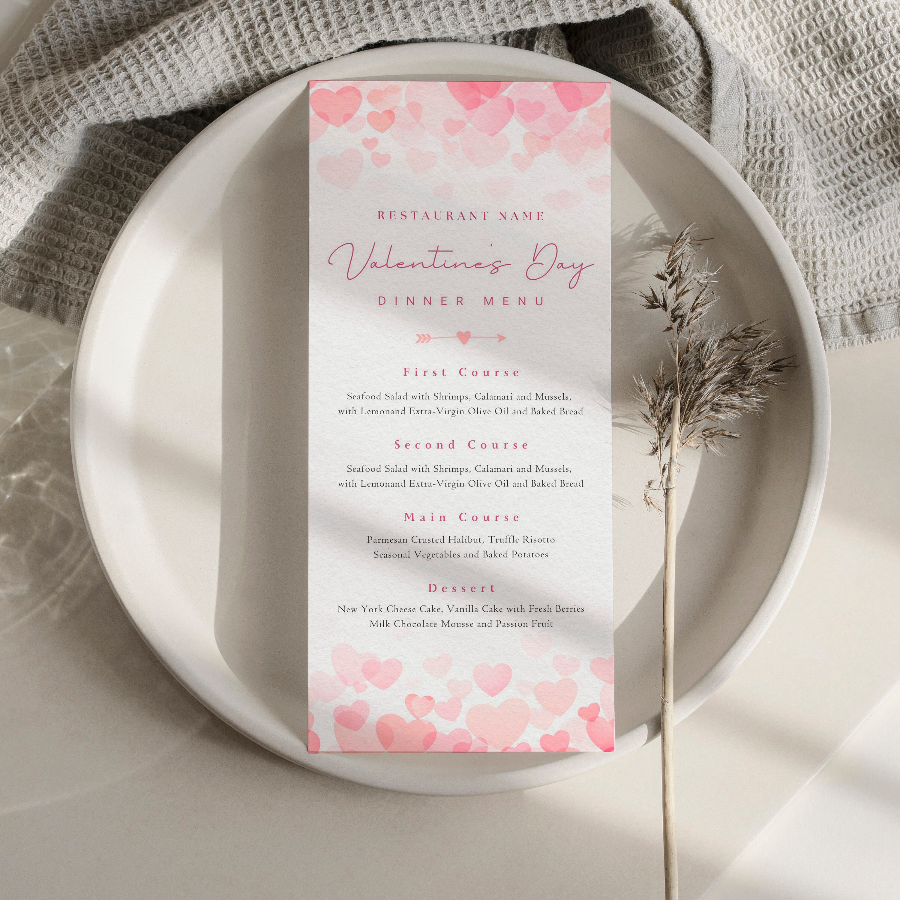 Valentine's Day Menu Template, Modern Valentine Menu Card, Printable ...