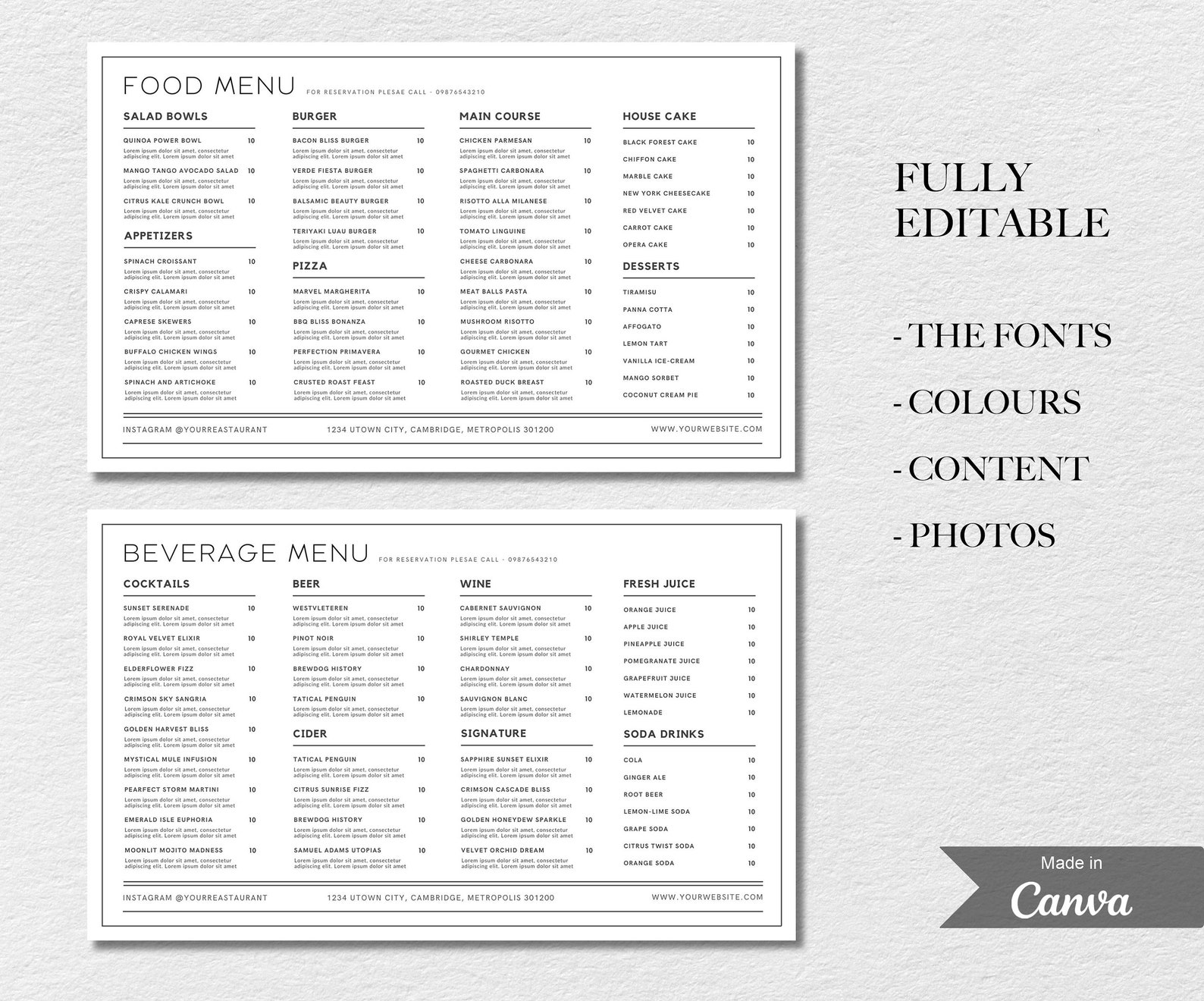 Modern Restaurant Menu Template, Landscape Menu Template, Editable Menu ...